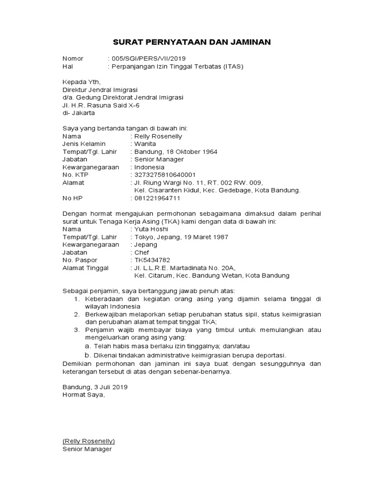 Surat Jaminan Untuk IMTA | PDF