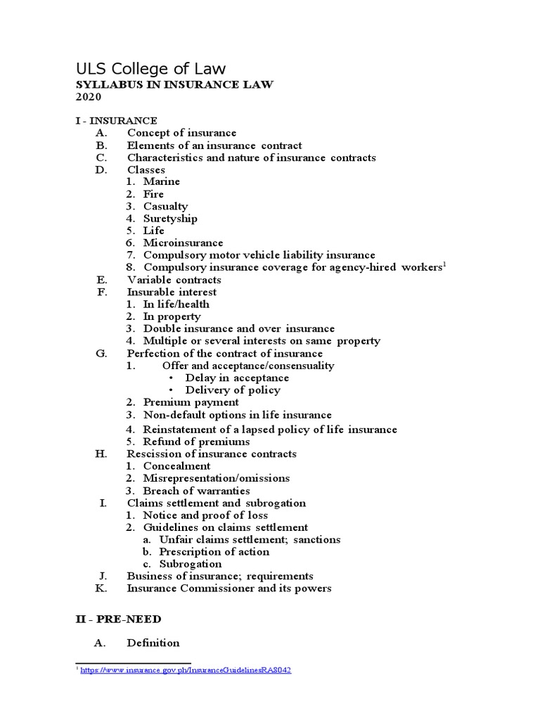 Insurance Law Syllabus 2020 | PDF | Insurance | Life Insurance