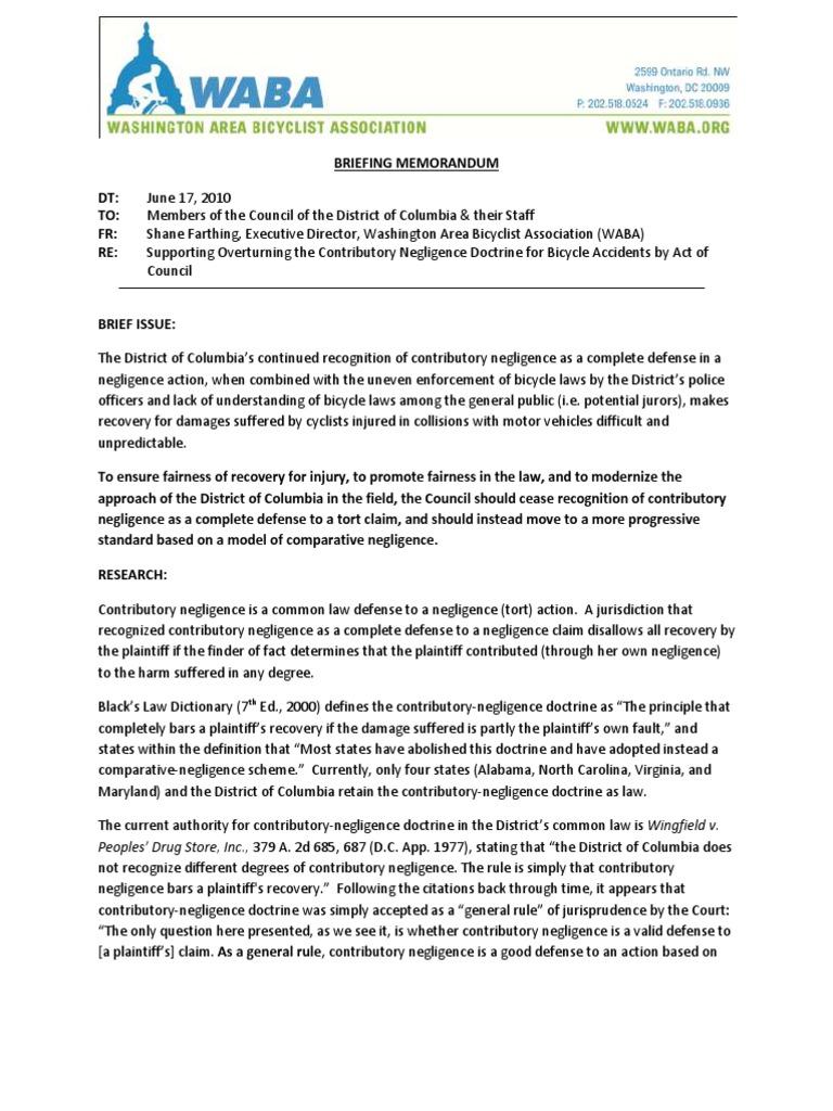 Contributory Negligence Briefing Memo (WABA) | Contributory Negligence ...