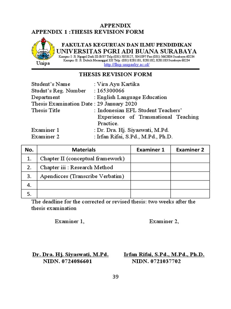 Universitas Pgri Adi Buana Surabaya: Appendix Appendix 1:thesis Revision Form | PDF | Thesis ...