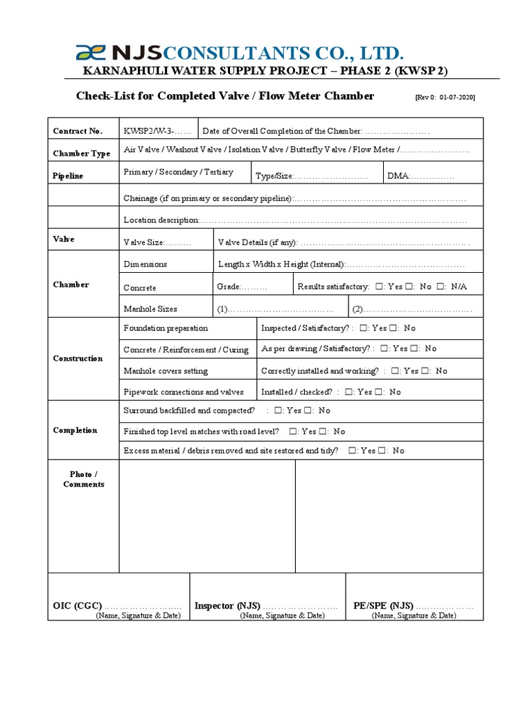 Check-List For Completed Valve Chamber | PDF