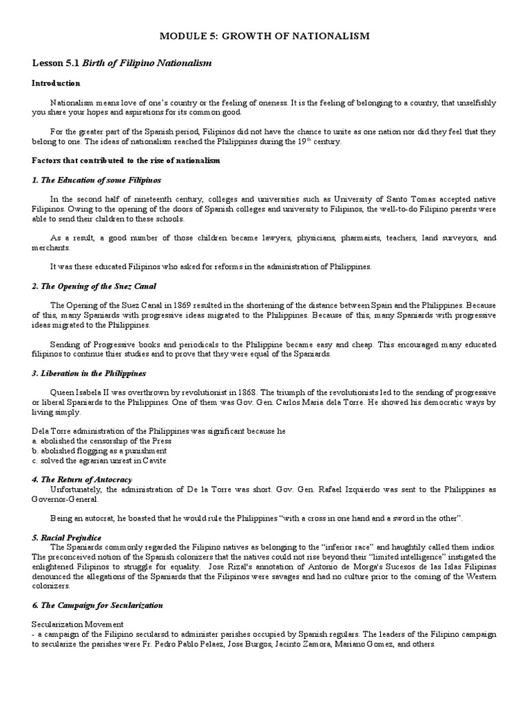 Module 5: Growth of Nationalism Lesson 5.1 Birth of Filipino Nationalism | PDF | Philippines