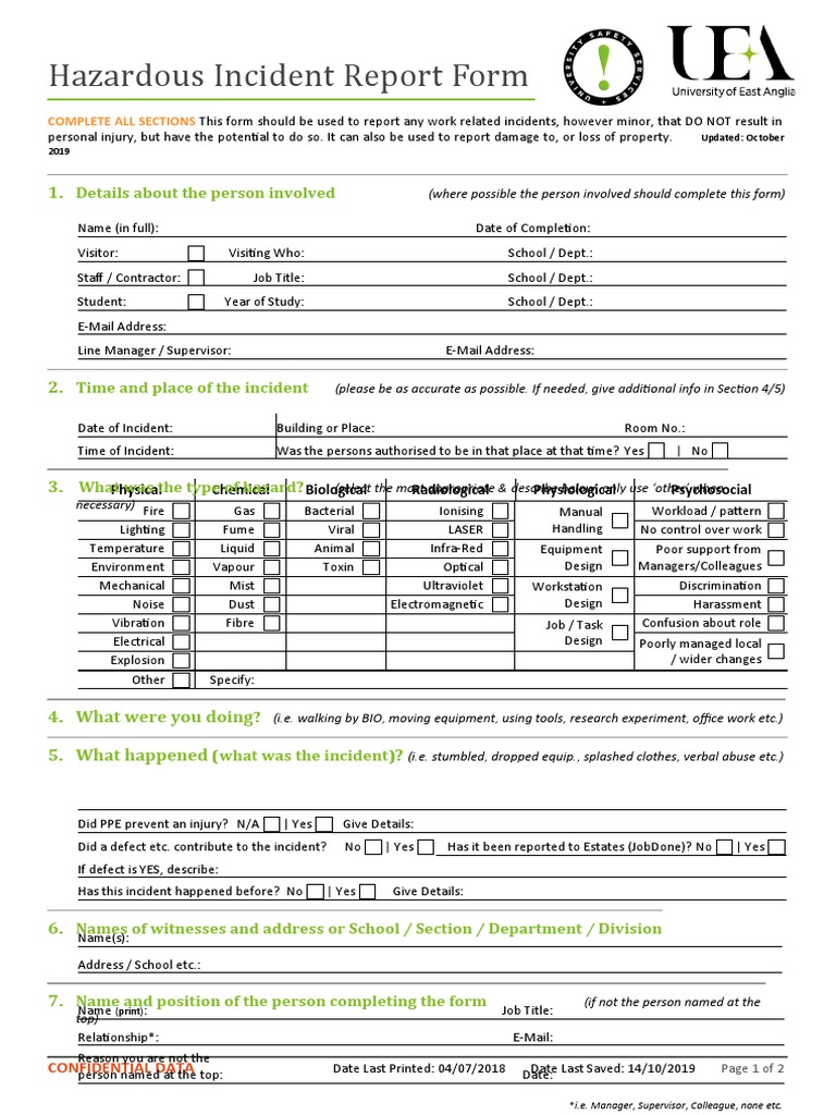Report of Hazardous Incidents (Eform) Revised (2019) | PDF ...