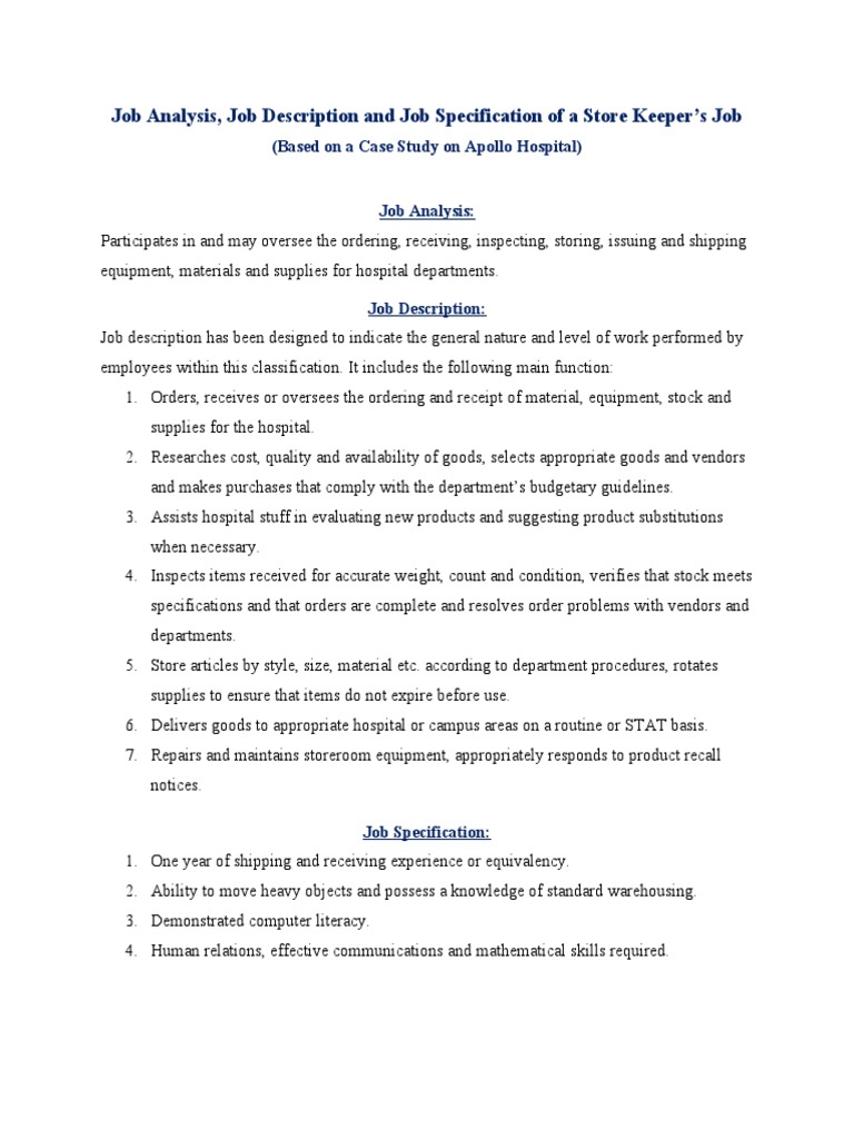 Job Analysis, Job Description and Job Specification of A Store Keeper's ...