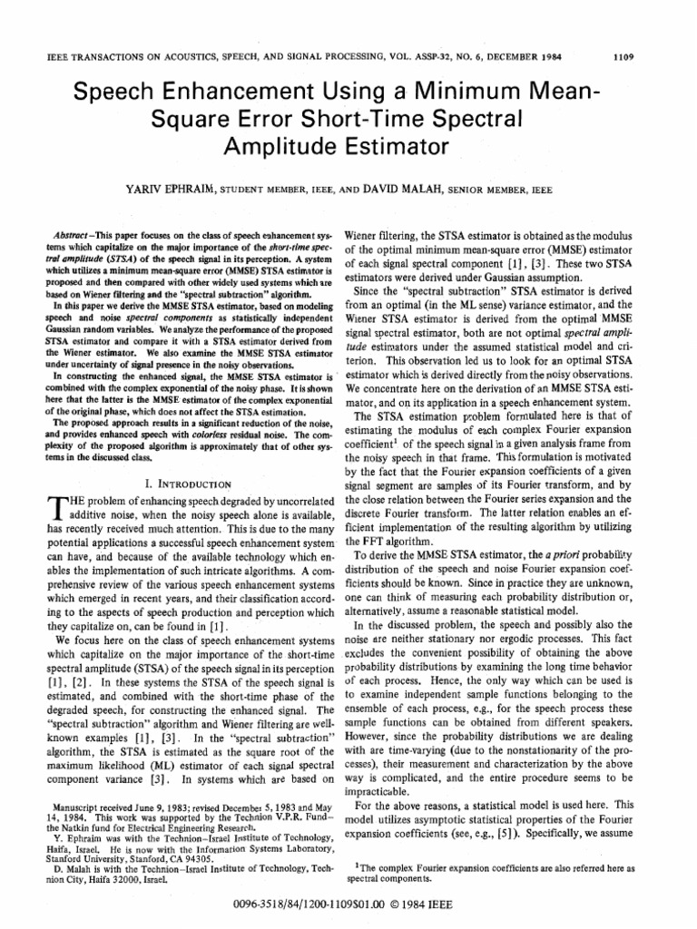 Speech Enhancement Using A Minimum-Mean Square Error Short-Time Spectral Amplitude estimator-dKR ...