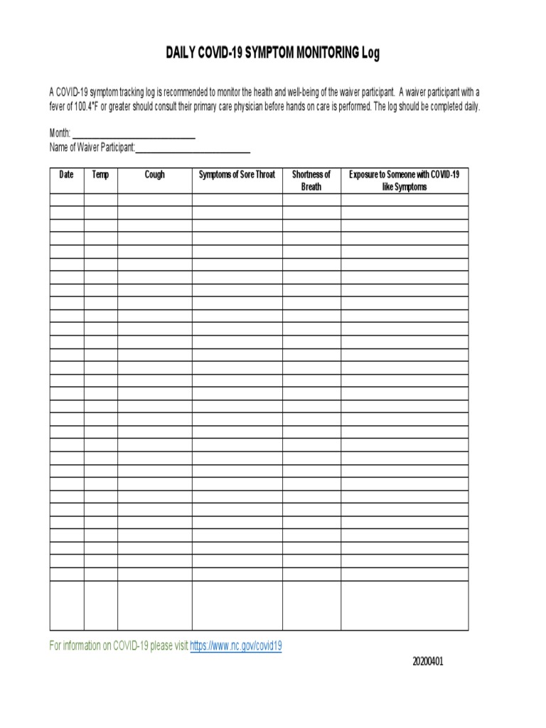 Daily Covid-19 Symptom Monitoring Log | PDF | Epidemiology | Health Care