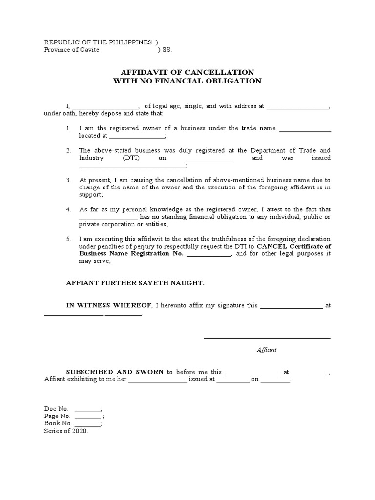 Affidavit of Cancellation With No Obligation | PDF