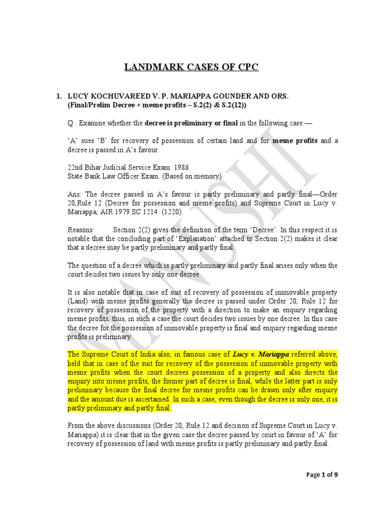 Landmark Cases of CPC (Module 1) | PDF | Res Judicata | Lawsuit
