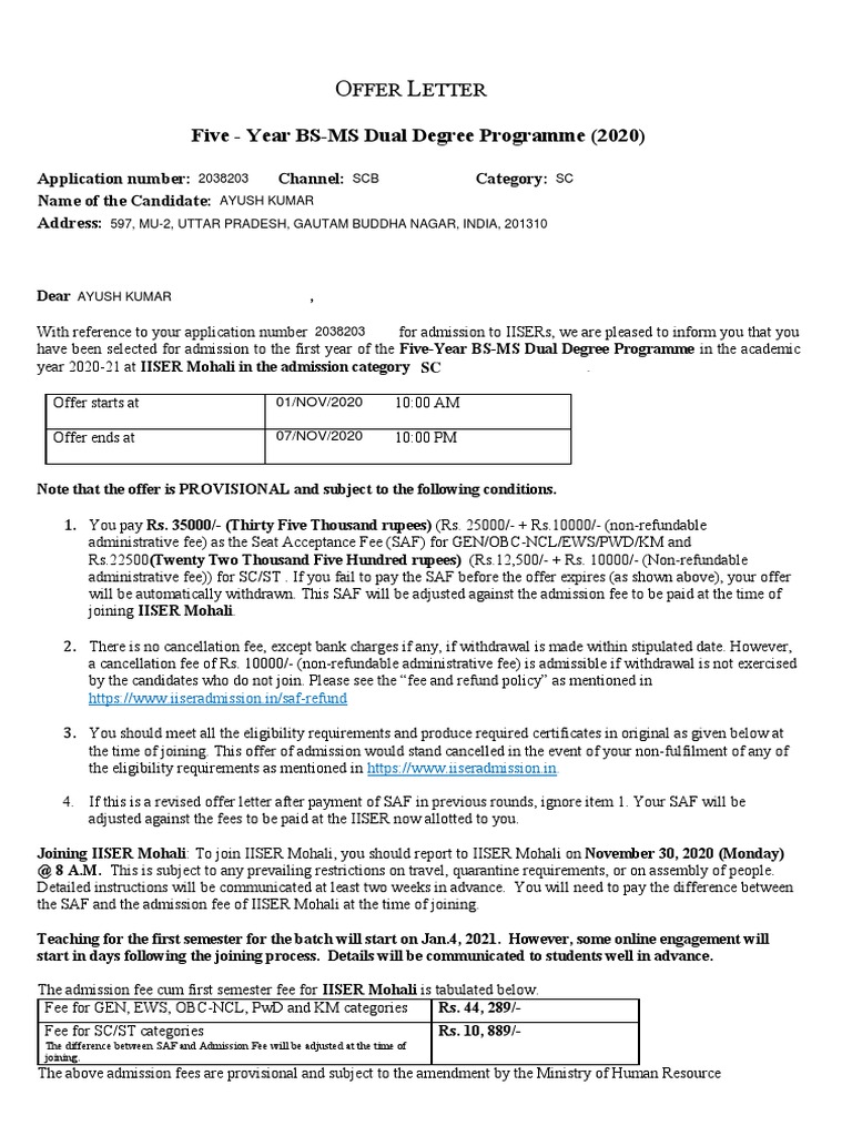 IISER Mohali BS-MS Admission Offer 2020 | PDF | Identity Document ...