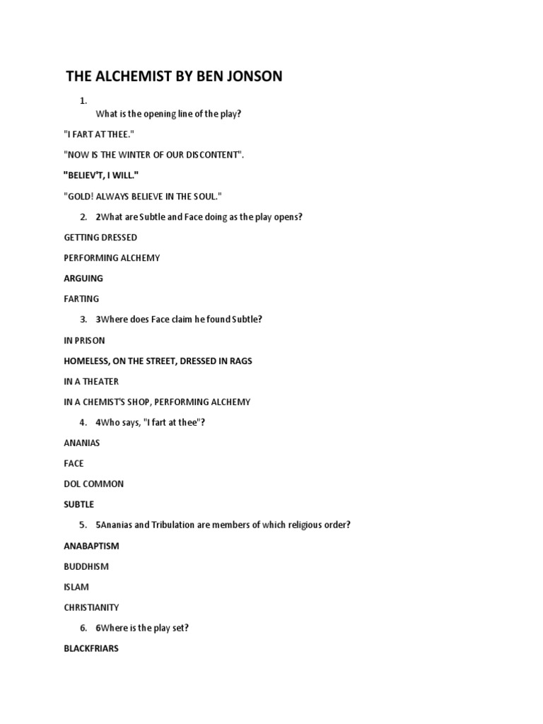 Ben Jonson's "The Alchemist" Quiz | PDF