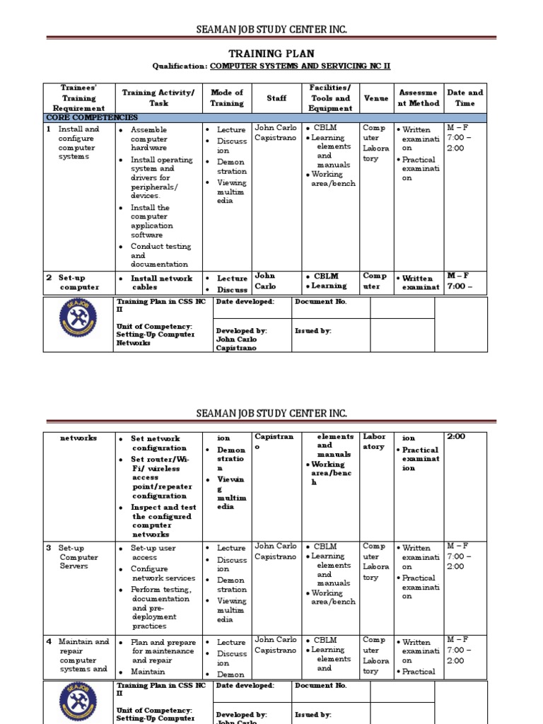Seaman Job Study Center Inc.: Training Plan | PDF | Information And ...