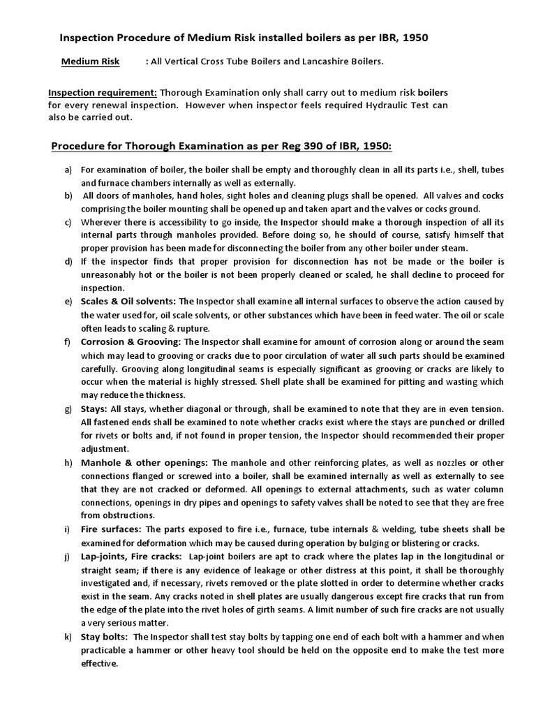 Inspection Procedure of Medium Risk Installed Boilers As Per IBR, 1950 ...