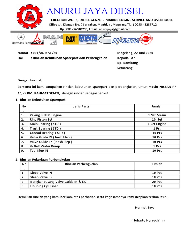 Rincian Sparepart Mesin Nissan RF10 | PDF