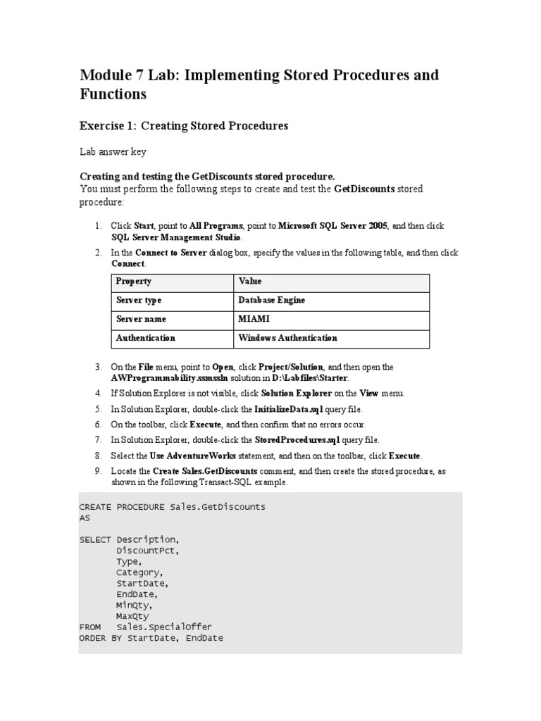 Module 7 Lab: Implementing Stored Procedures and Functions | PDF ...