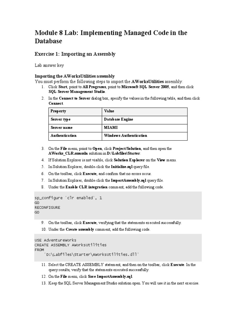 Module 8 Lab: Implementing Managed Code in The Database: Exercise 1: Importing An Assembly | PDF ...