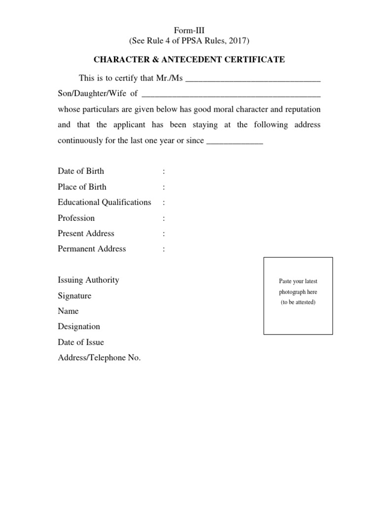 Character & Antecedent Certificate Form | PDF
