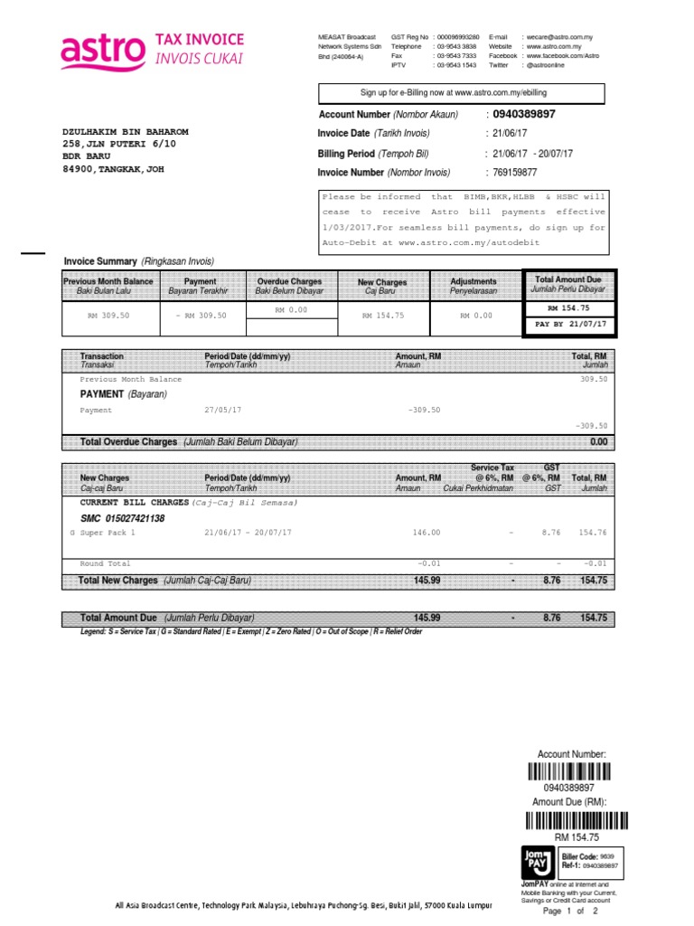 Astro Monthly Invoice and Points Summary for Account Number 0940389897 ...