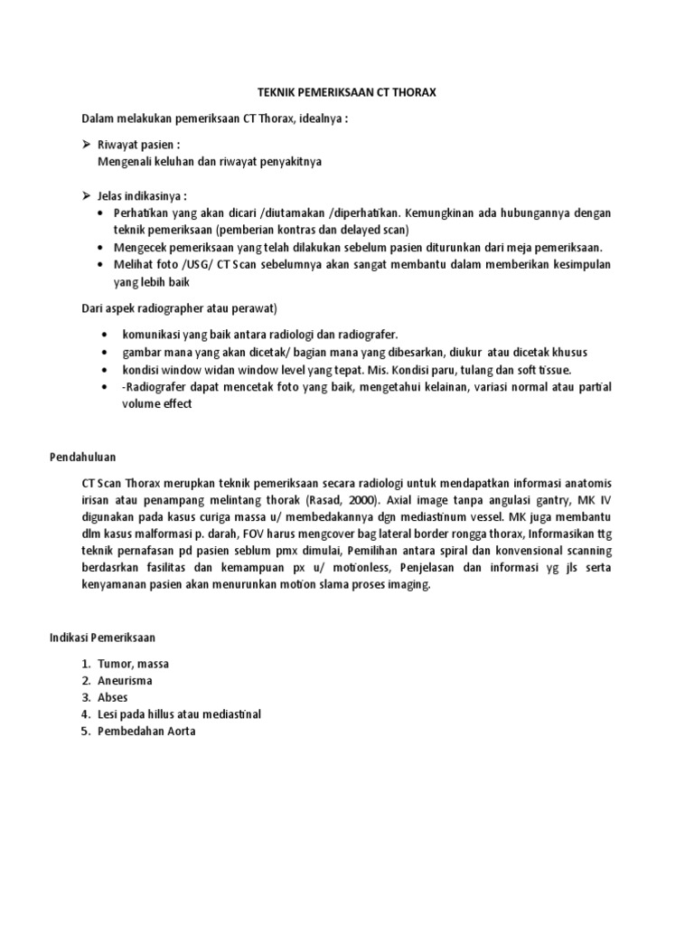 Teknik Pemeriksaan CT Thorax | PDF