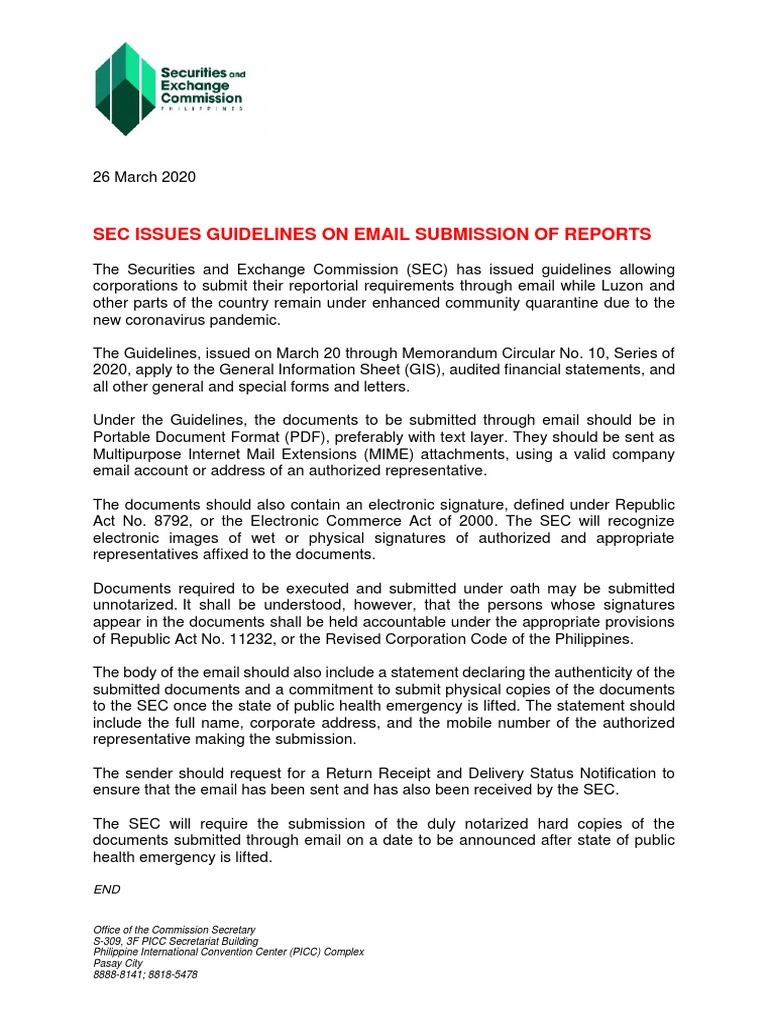 SEC Email Submission Guidelines 2020 | PDF | Law