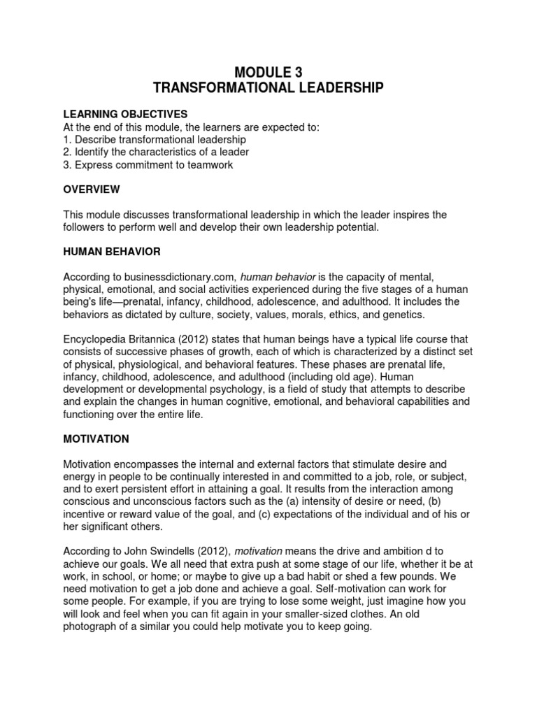 MODULE 3 Transformational Leadership | PDF | Transformational ...