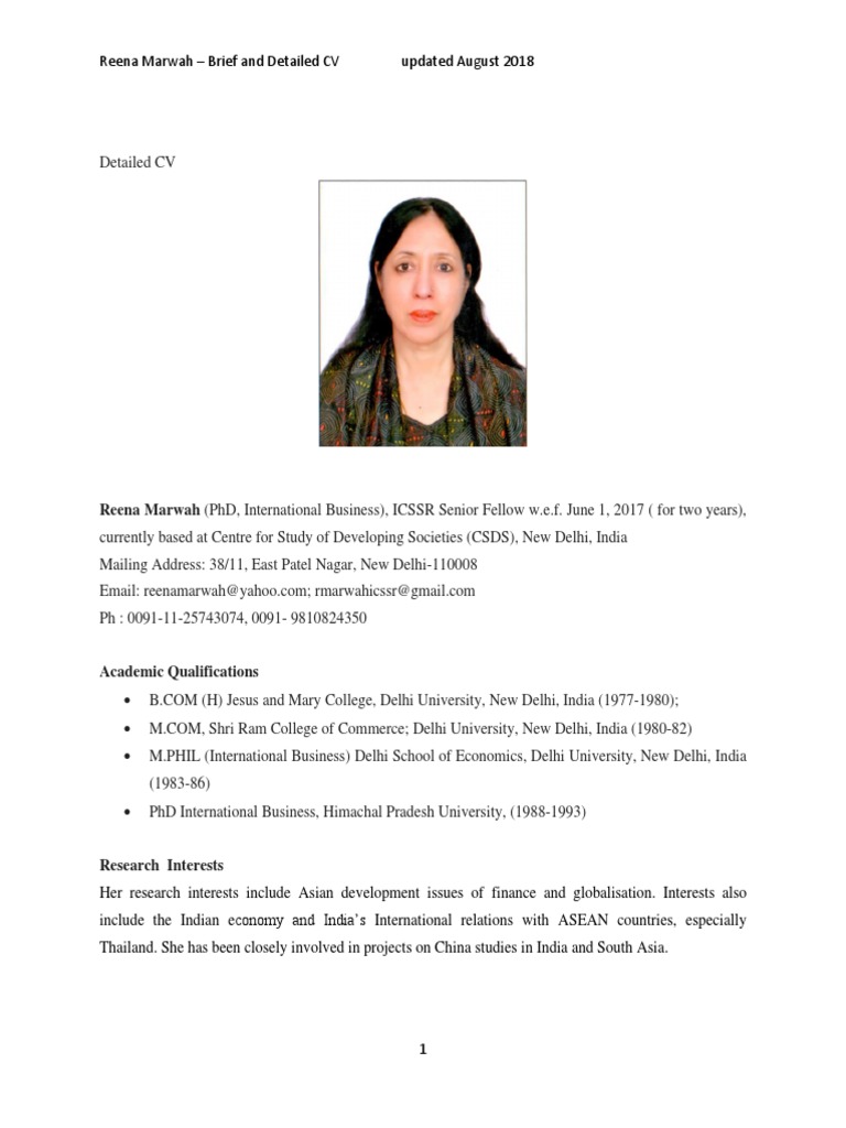 Reena Marwah (PHD, International Business), Icssr Senior Fellow W.E.F ...