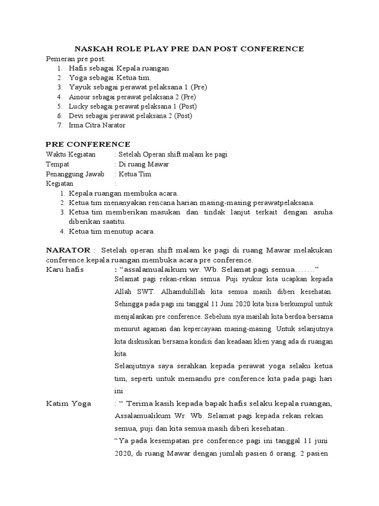 Naskah Kel 2 Role Play Pre Dan Post Conference | PDF | Pengembangan ...