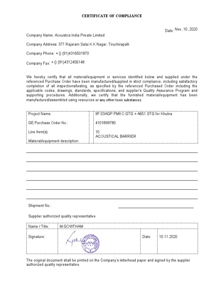 Certificate of Compliance | PDF