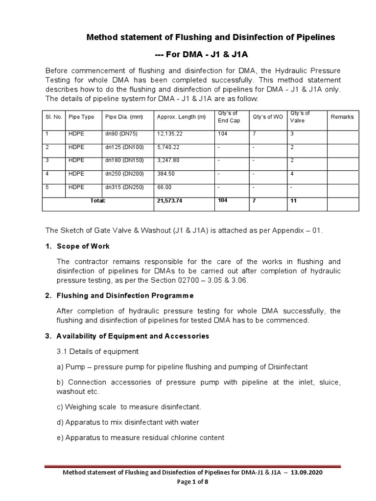 MS-Flushing and Disinfection of Pipelines For DMA-J1 & J1A | PDF ...