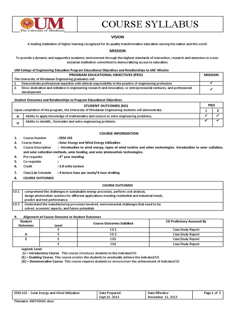 Course Syllabus: Program Educational Objectives (Peo) Mission | PDF ...