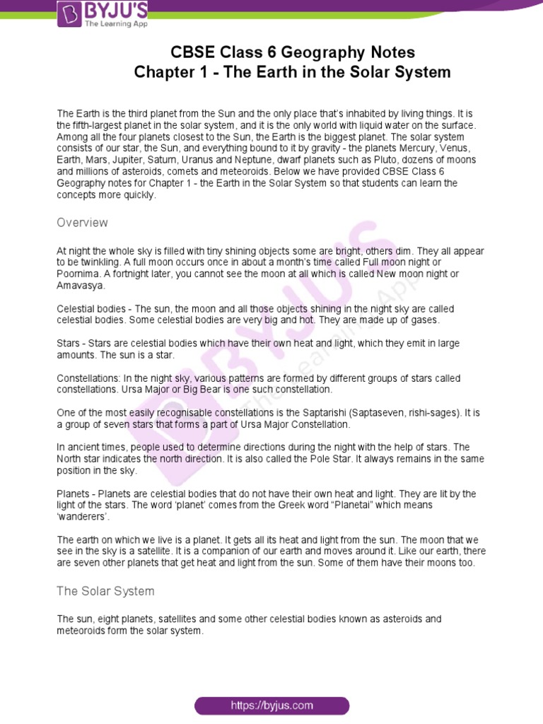 CBSE Class 6 Geography Notes Chapter 1 The Earth in The Solar System ...