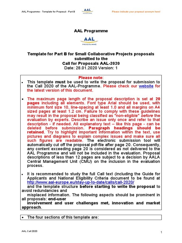 AAL 2020 Proposal Template: Guidance for Developing a Funding Submission for the AAL Programme ...