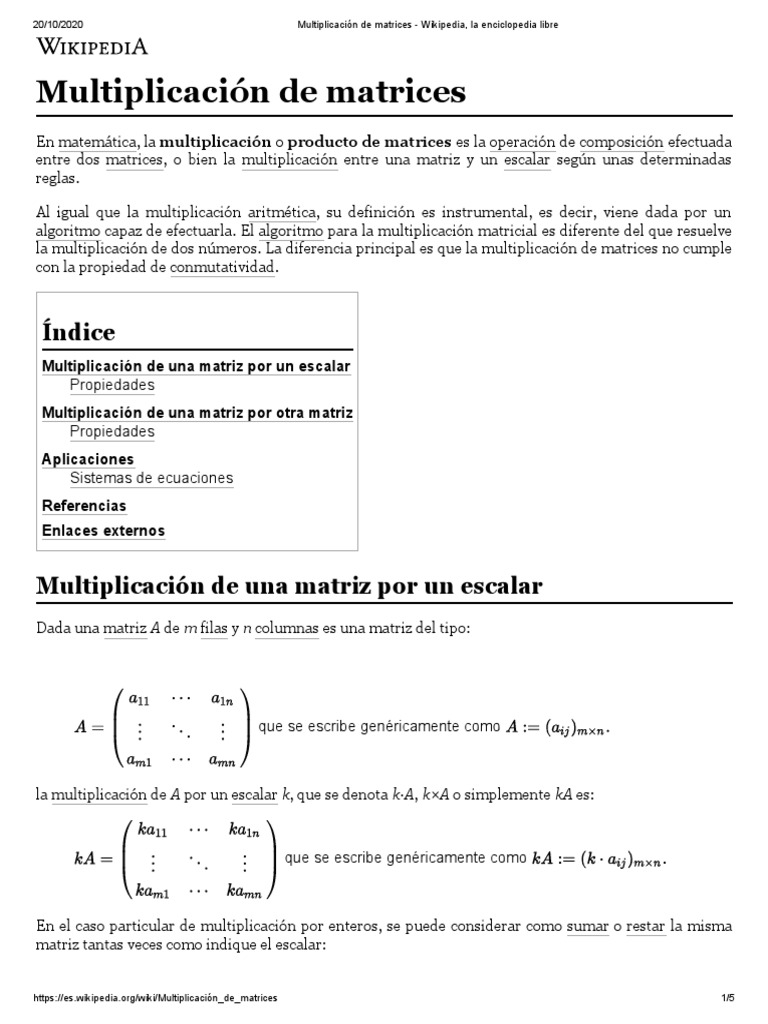 Multiplicación de Matrices - Wikipedia, La Enciclopedia Libre PDF | PDF ...