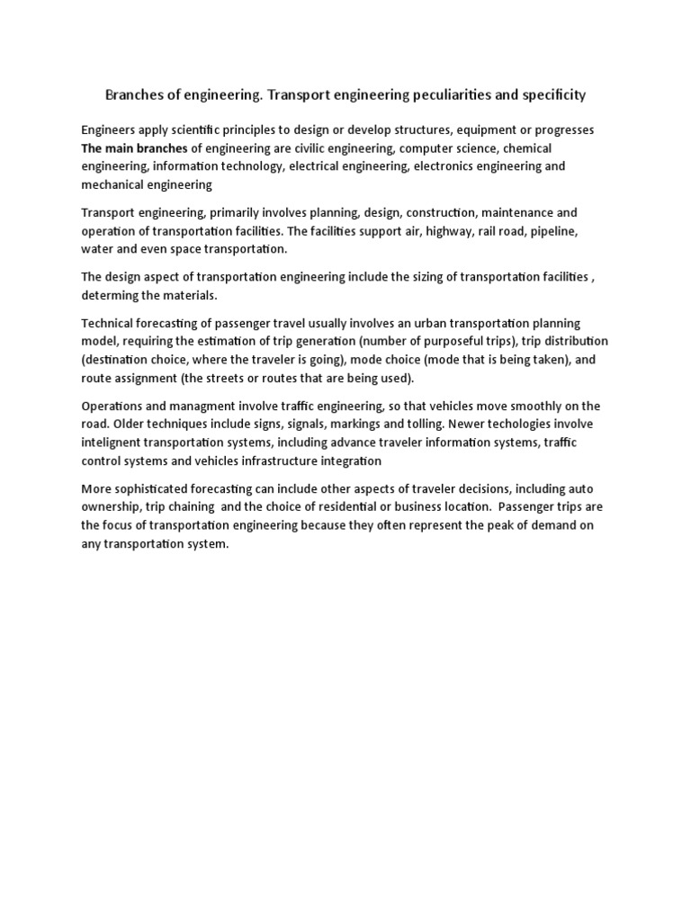 Branches of Engineering. Transport Engineering Peculiarities and ...
