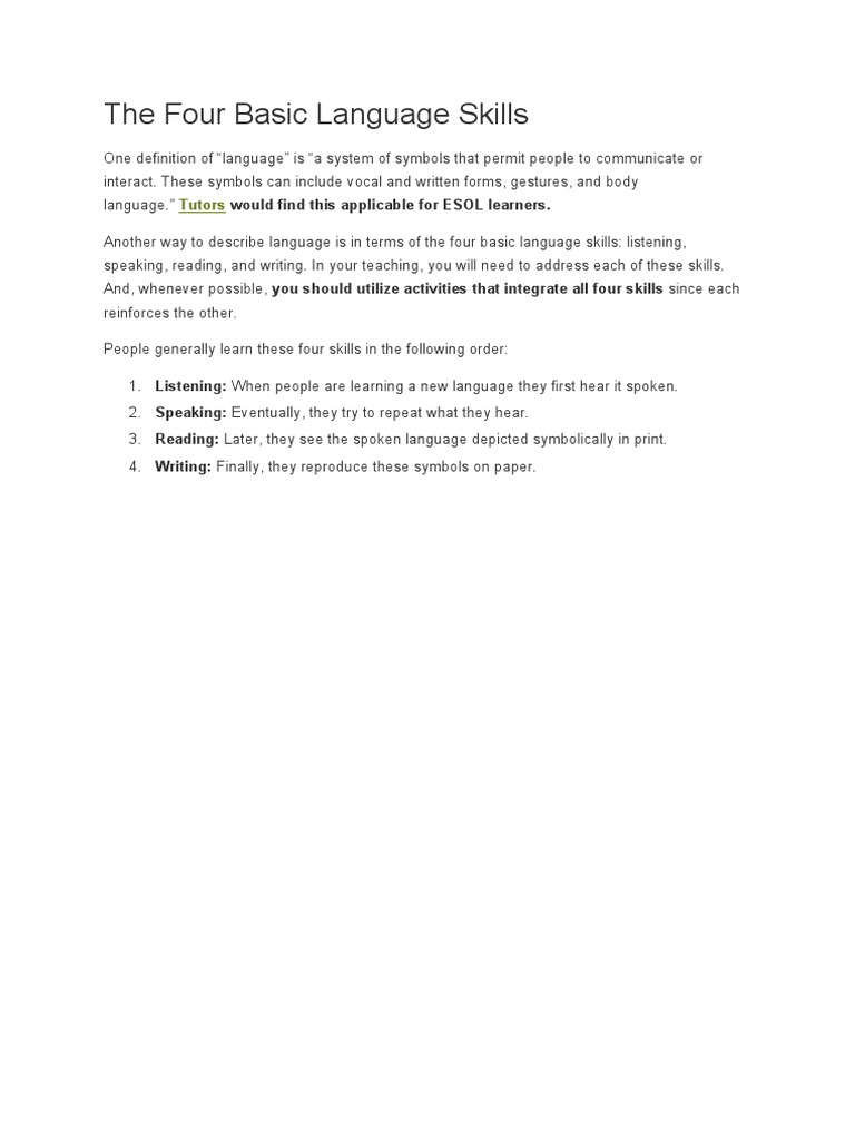 Four Basic Language Skills Explained | PDF