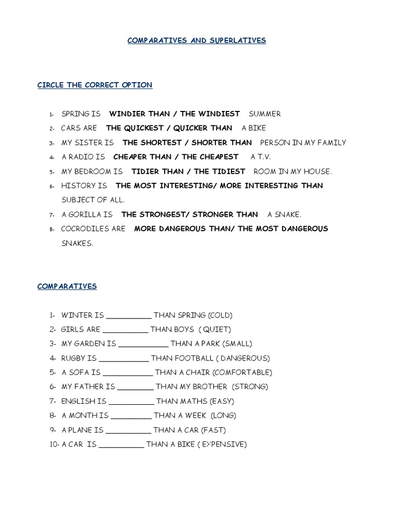 Comparatives and Superlatives Exercises | PDF | Sports & Recreation