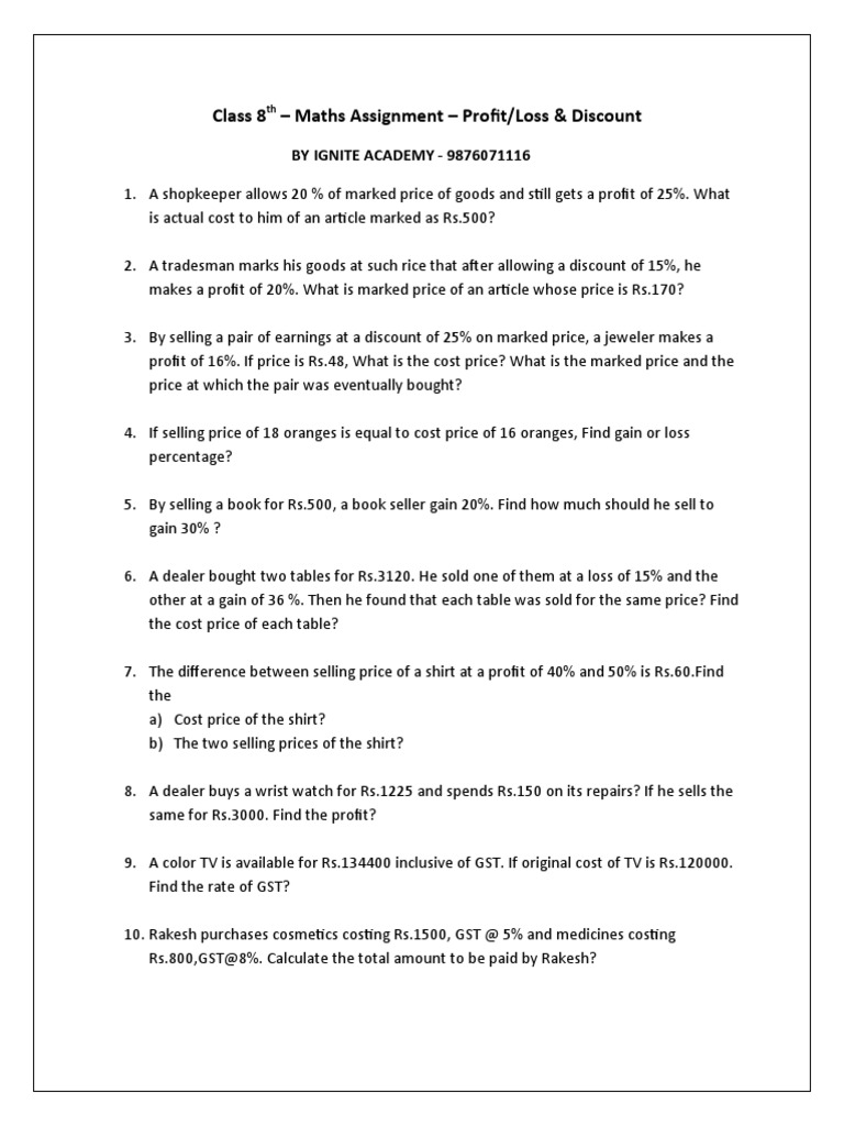 Assignment - P & L Class 8th | PDF