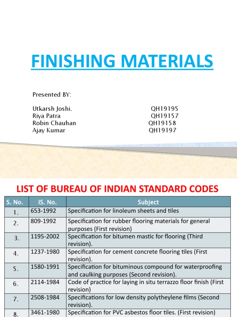 Finishing Materials Specifications List | PDF | Flooring | Concrete