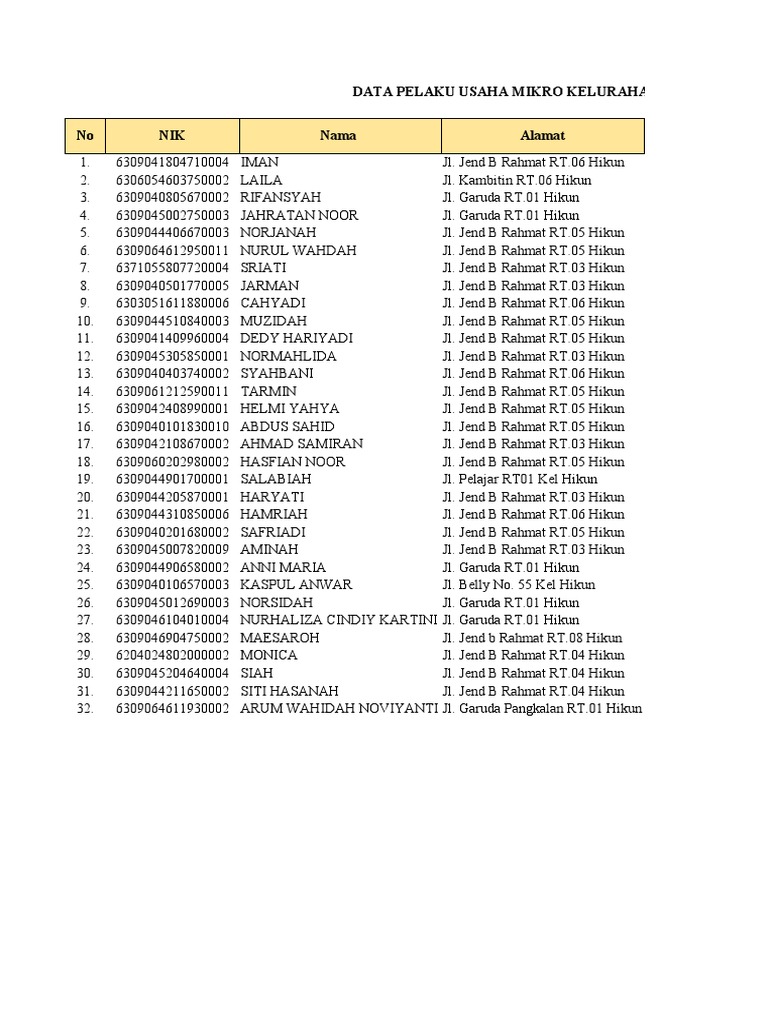Data Pelaku Usaha Mikro Kelurahan Hikun Kecamatan Tanjung | PDF | Indonesia