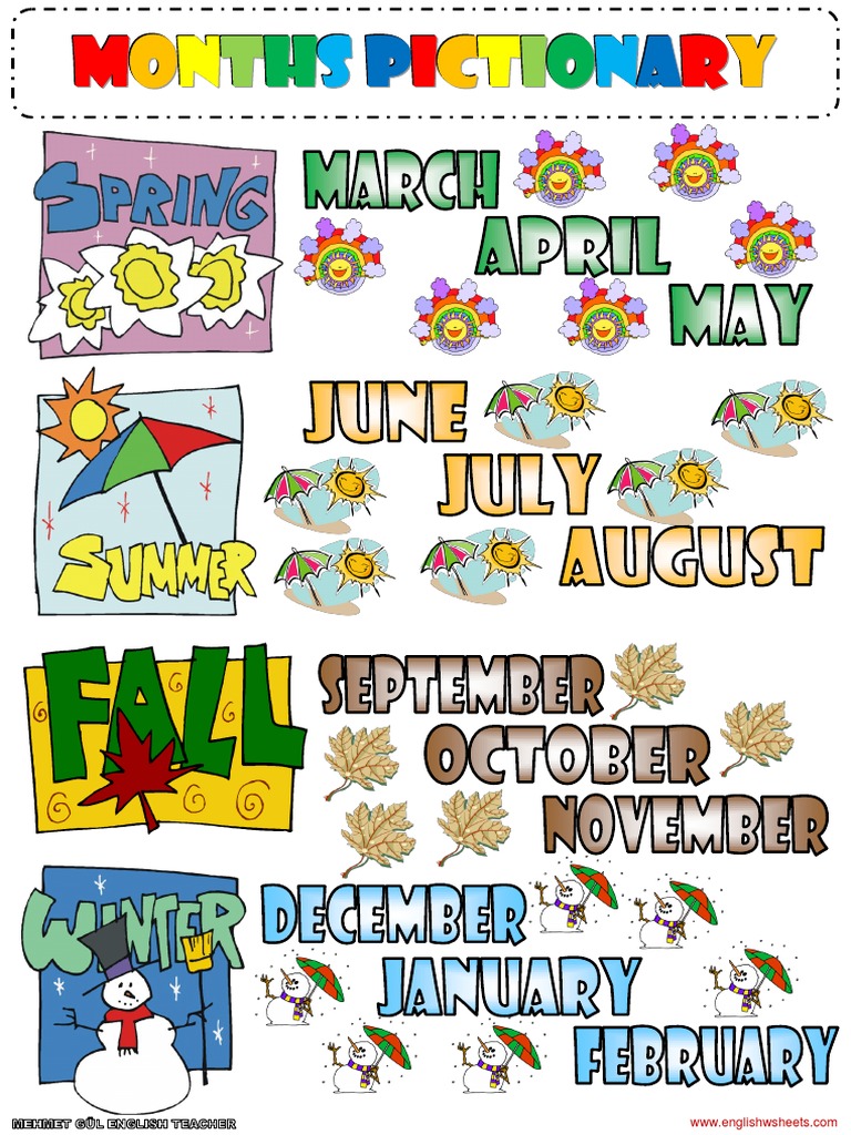 Months of The Year Seasons Theme Vocabulary Pictionary Poster Worksheet ...