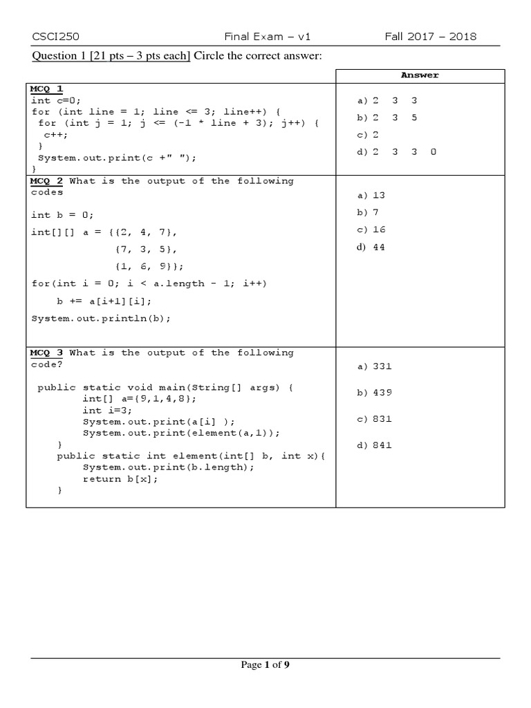 CSCI250 Introduction To Programming - FinalExam-sample2 | PDF | Array Data Structure | Integer ...