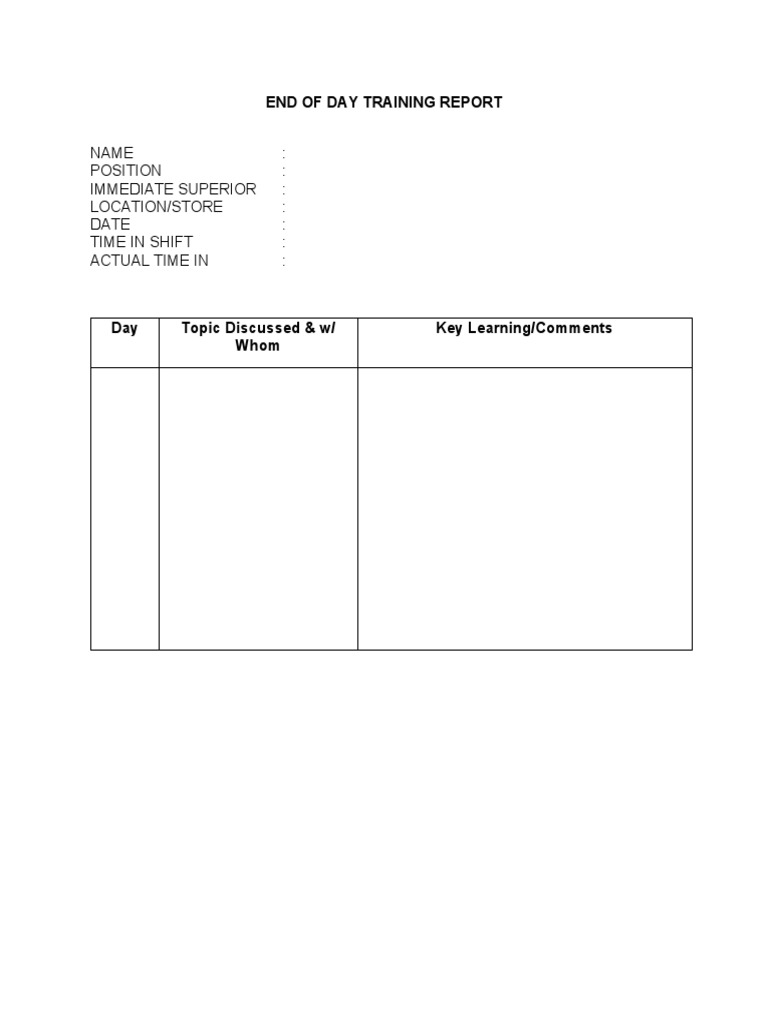 End of Day Training Report Template | PDF