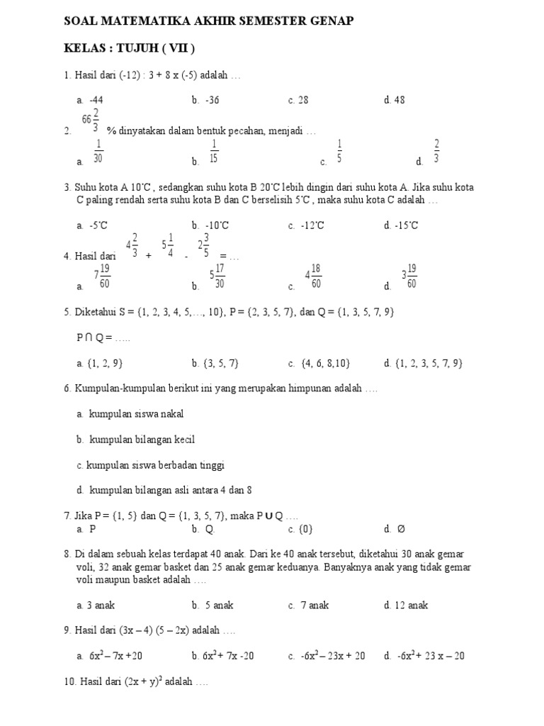 Soal Matematika Kelas 7 2020 Genap | PDF