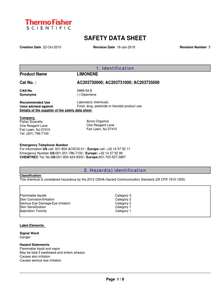 Safety Data Sheet: 1. Identification | PDF | Personal Protective ...