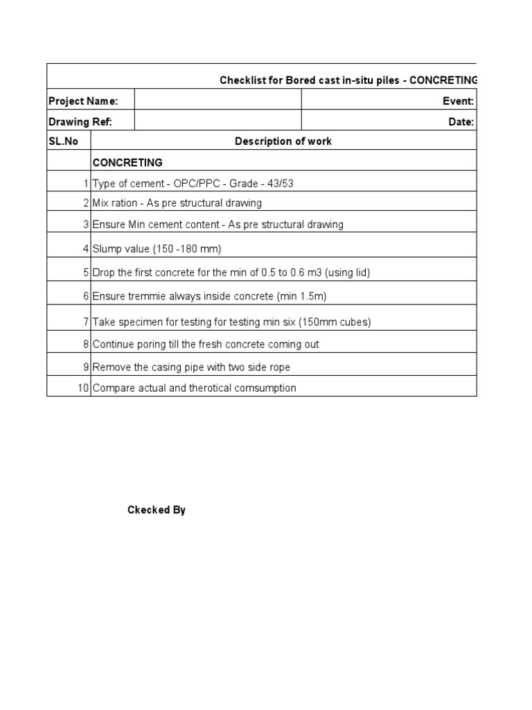 Checklist For Bored Cast In-Situ Piles Concreting | PDF