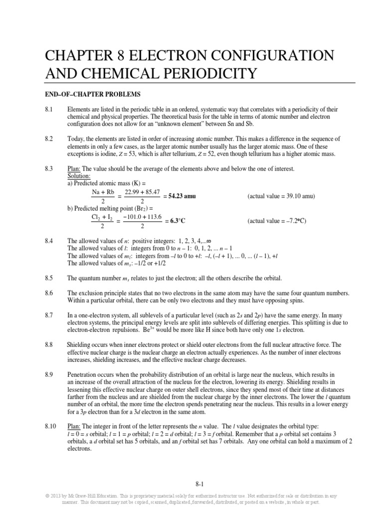 Chapter 8 Electron Configuration and Chemical Periodicity: End-Of-Chapter Problems | PDF ...