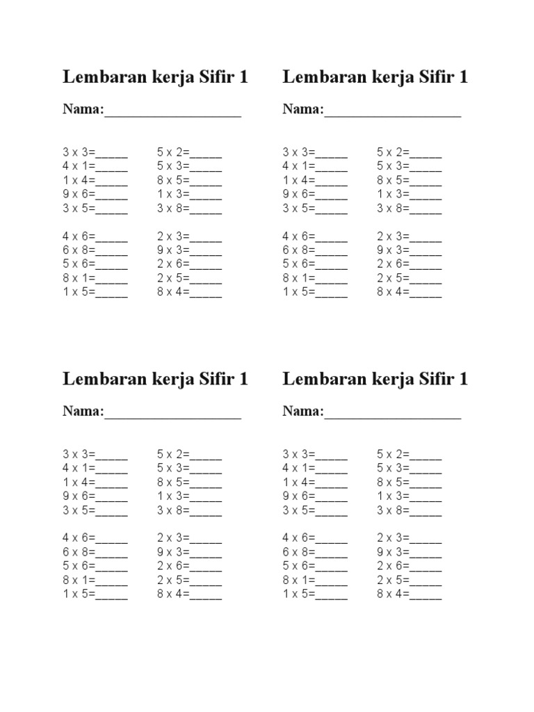 Lembaran Kerja Sifir 1 Lembaran Kerja Sifir 1: Nama: - Nama | PDF