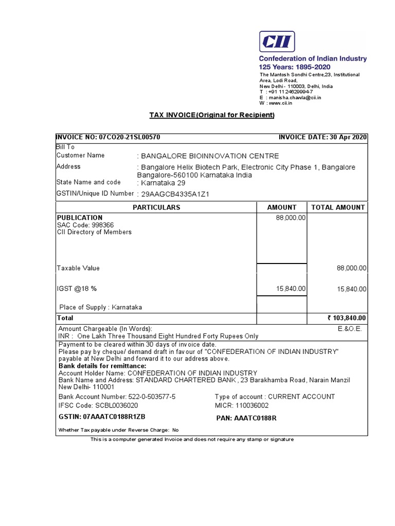 CII Invoice for Bangalore Bioinnovation | PDF | Invoice | Cheque