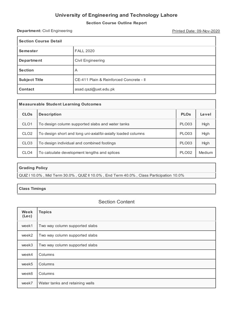University of Engineering and Technology Lahore: Department: Civil ...