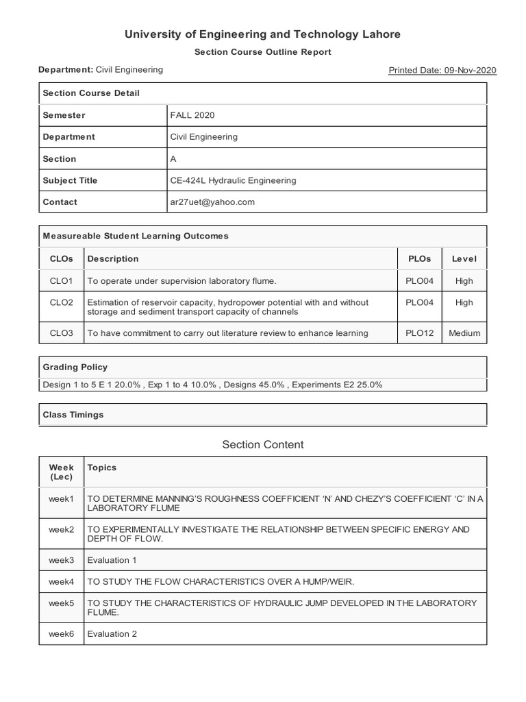 University of Engineering and Technology Lahore: Department: Civil ...