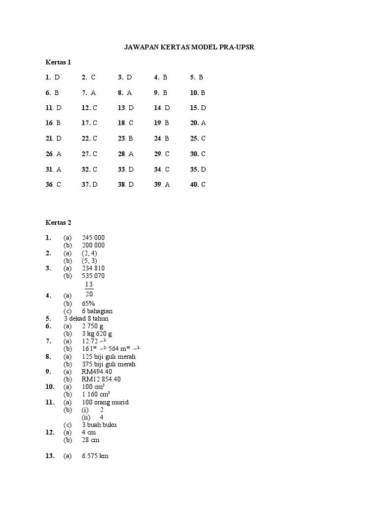 05 Mat Jawapan-Kertas-Model-Pra-Upsr-Formula-A-Matematik-Tahun-5 | PDF